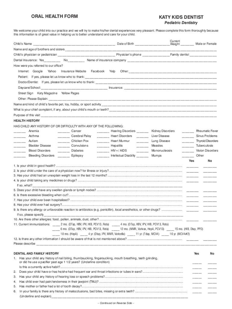 Fillable Online Oral Health Form - Katy Kids DentistPediatric Dentist ...