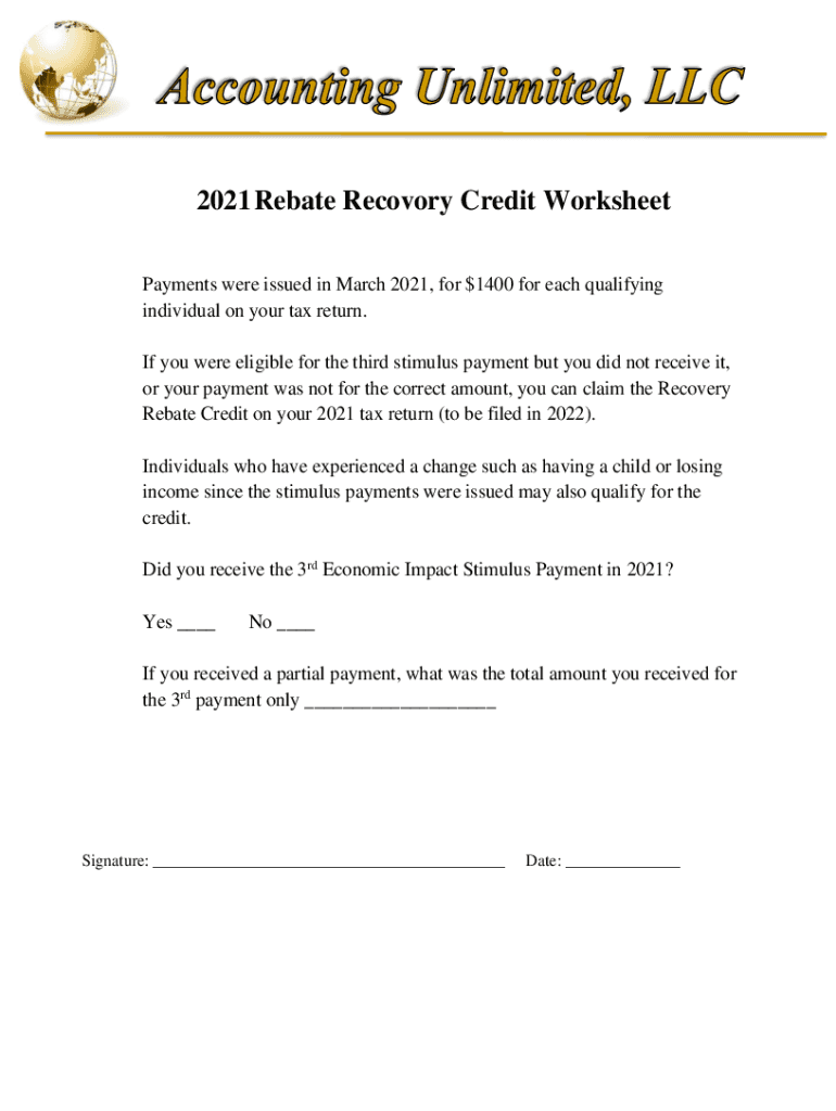 Recovery Rebate Credit Worksheet 2021 Pdf - Fill Online, Printable ...