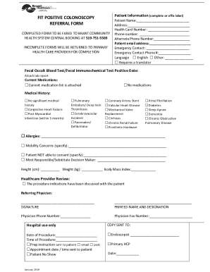 Fillable Online FIT POSITIVE COLONOSCOPY Patient Information (complete ...