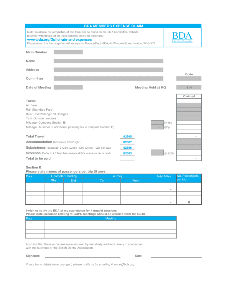 Fillable Online BDA member expenses claim form Fax Email Print - pdfFiller