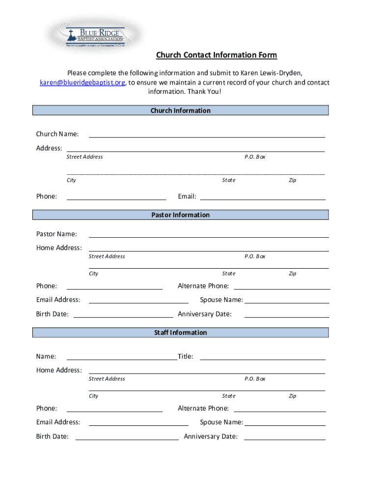 Fillable Online Church Contact Information Form - Blue Ridge Baptist ...