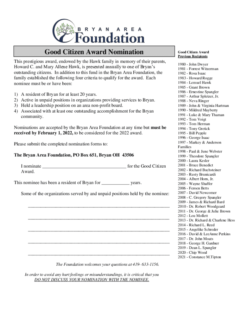 Fillable Online Good Citizen Award Good Citizen Award Nomination ...