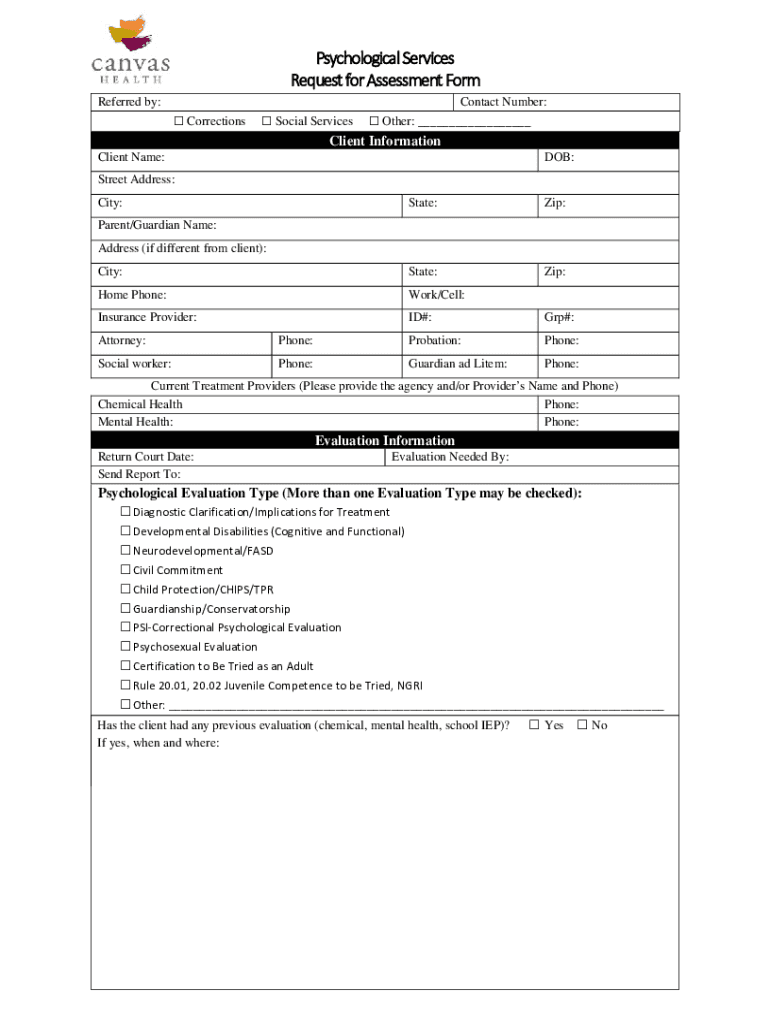 Fillable Online Psychological Services Request for Assessment Form Fax ...