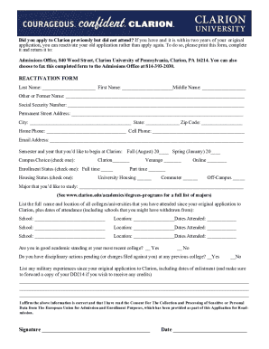 Fillable Online www.clarion.eduadmissionsapply-to-clarionReactivation ...