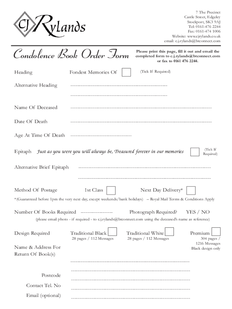 Fillable Online Condolence Order Form 2006 Fax Email Print - pdfFiller