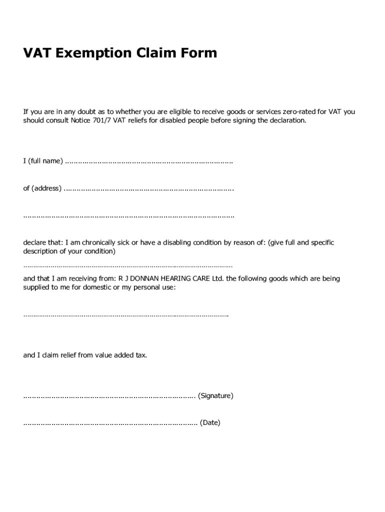Fillable Online VAT Exemption Claim Form Fax Email Print - pdfFiller