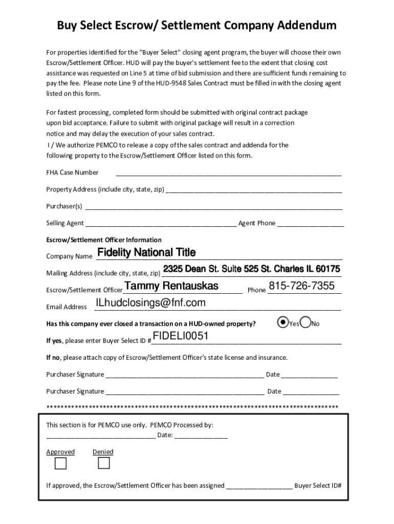 Fillable Online Fillable Online Buy Select Escrow/ Settlement Company ...