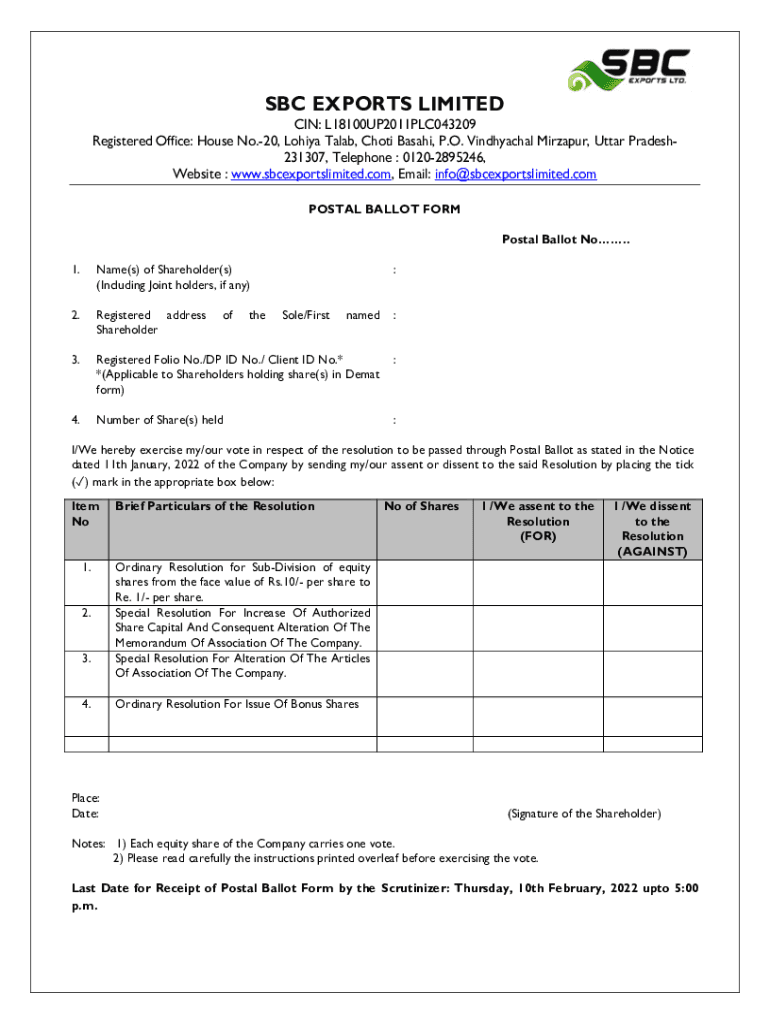 Fillable Online POSTAL BALLOT FORM Fax Email Print - pdfFiller