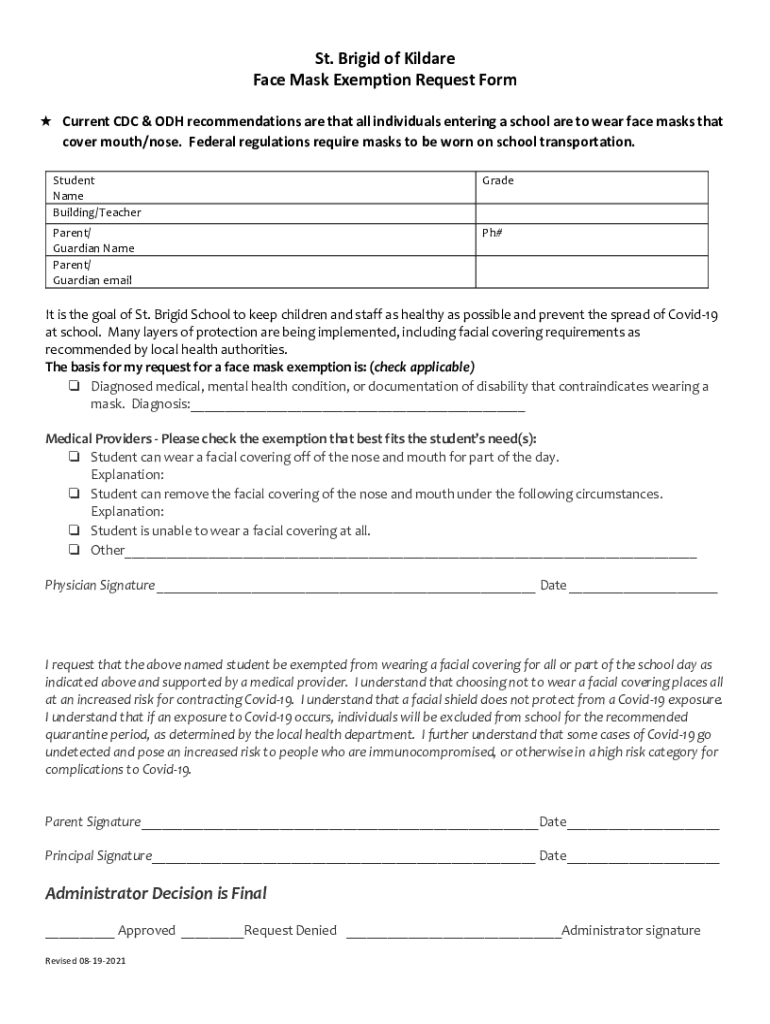 Fillable Online St. Brigid of Kildare Face Mask Exemption Request Form ...