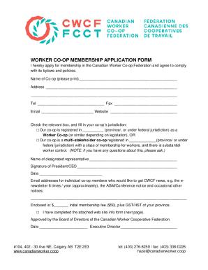 Fillable Online WORKER CO-OP MEMBERSHIP APPLICATION FORM Fax Email ...