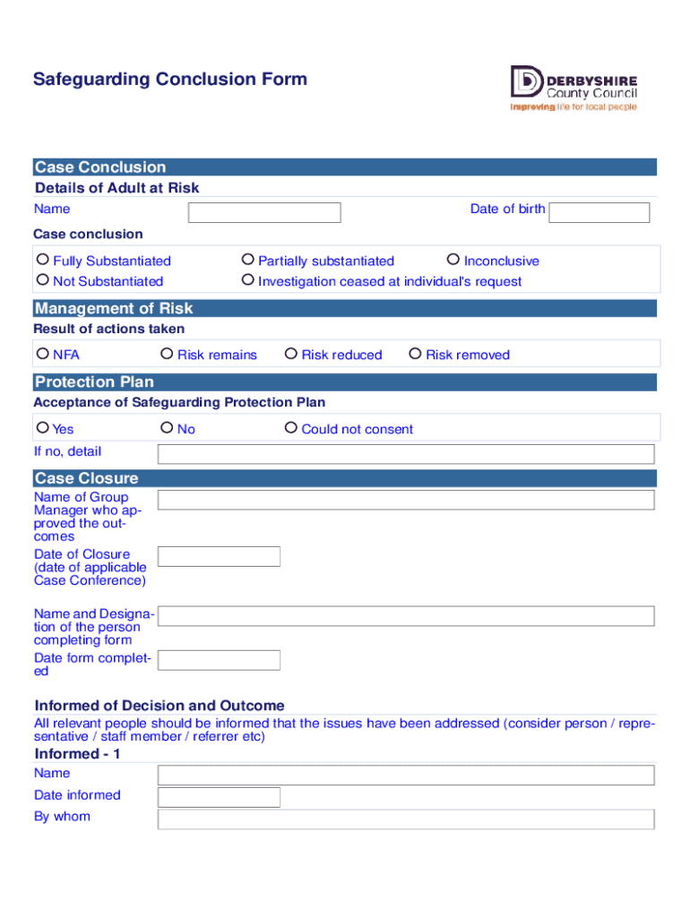 Fillable Online Safeguarding conclusion form - saferderbyshire.gov.uk Fax Email Print - pdfFiller