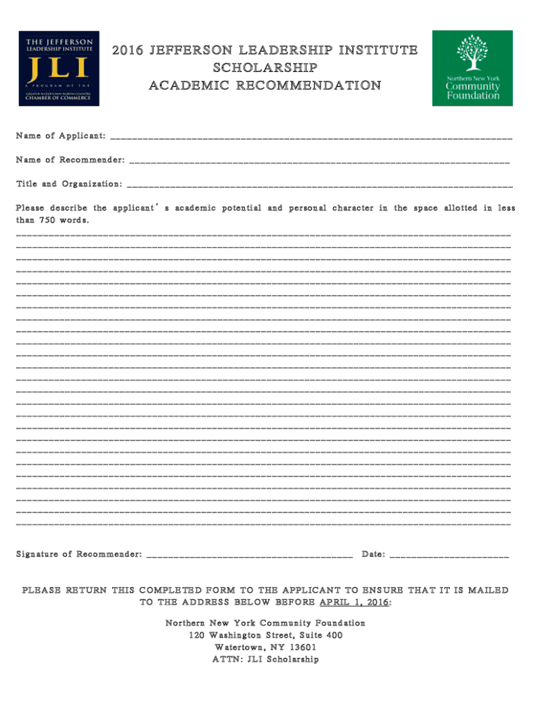 Fillable Online 2016 Academic Rec Form Fax Email Print - pdfFiller