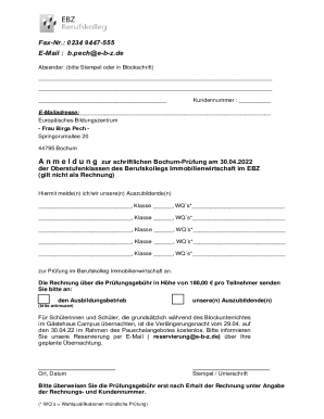 Fillable Online A n m e l d u n g zur schriftlichen Bochum ... - e-b-z.de Fax Email Print ...