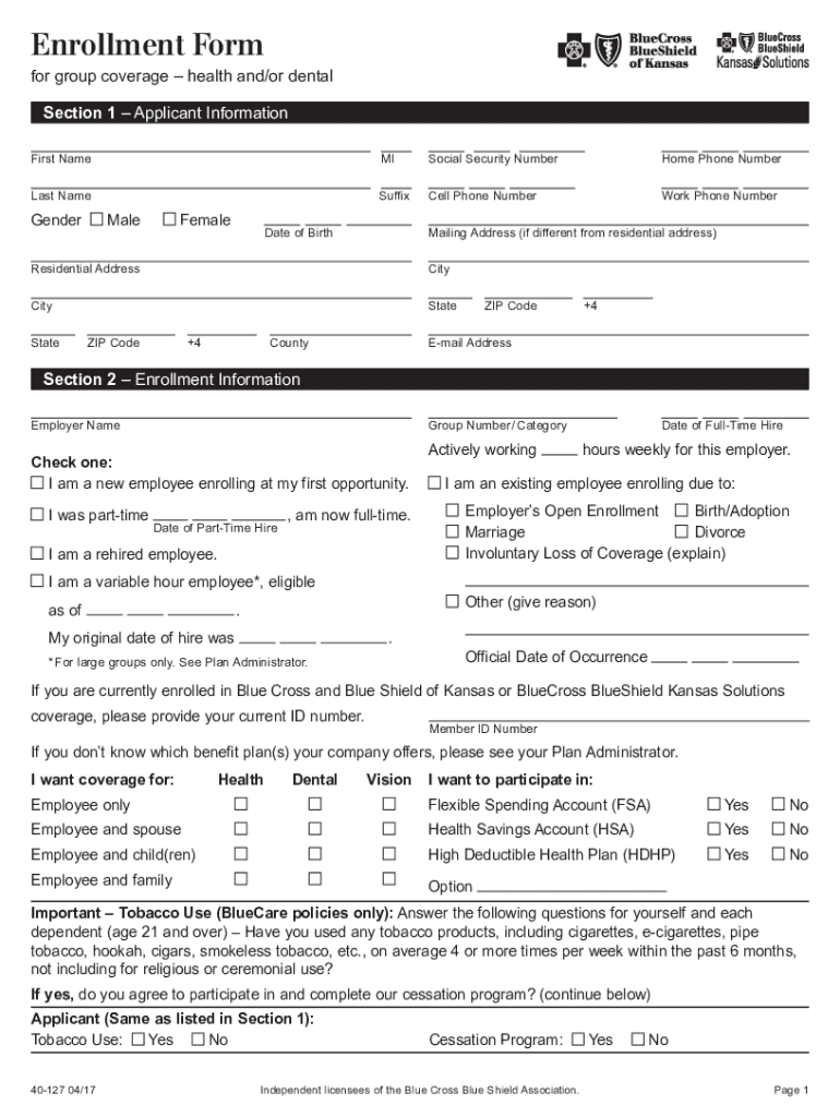 Fillable Online Fillable Online Group Health and Dental Enrollment Form ...