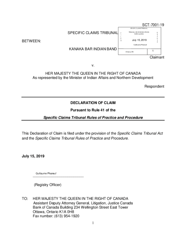 Fillable Online SCT File No. : SPECIFIC CLAIMS TRIBUNAL BETWEEN: WE WAI ...