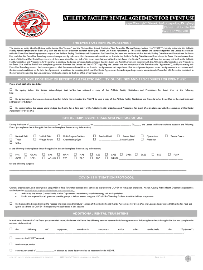 Fillable Online ATHLETIC FACILITY RENTAL AGREEMENT FOR EVENT USELaw ...
