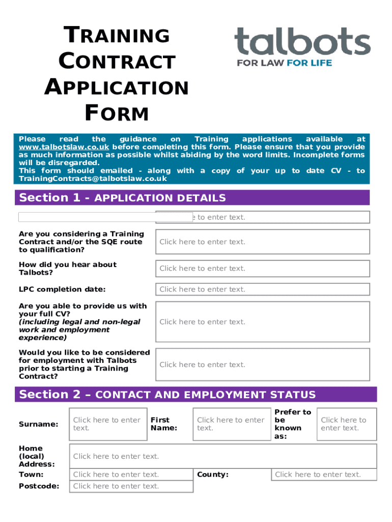 TRAINING CONTRACT APPLICATION - Talbots Law Doc Template | pdfFiller