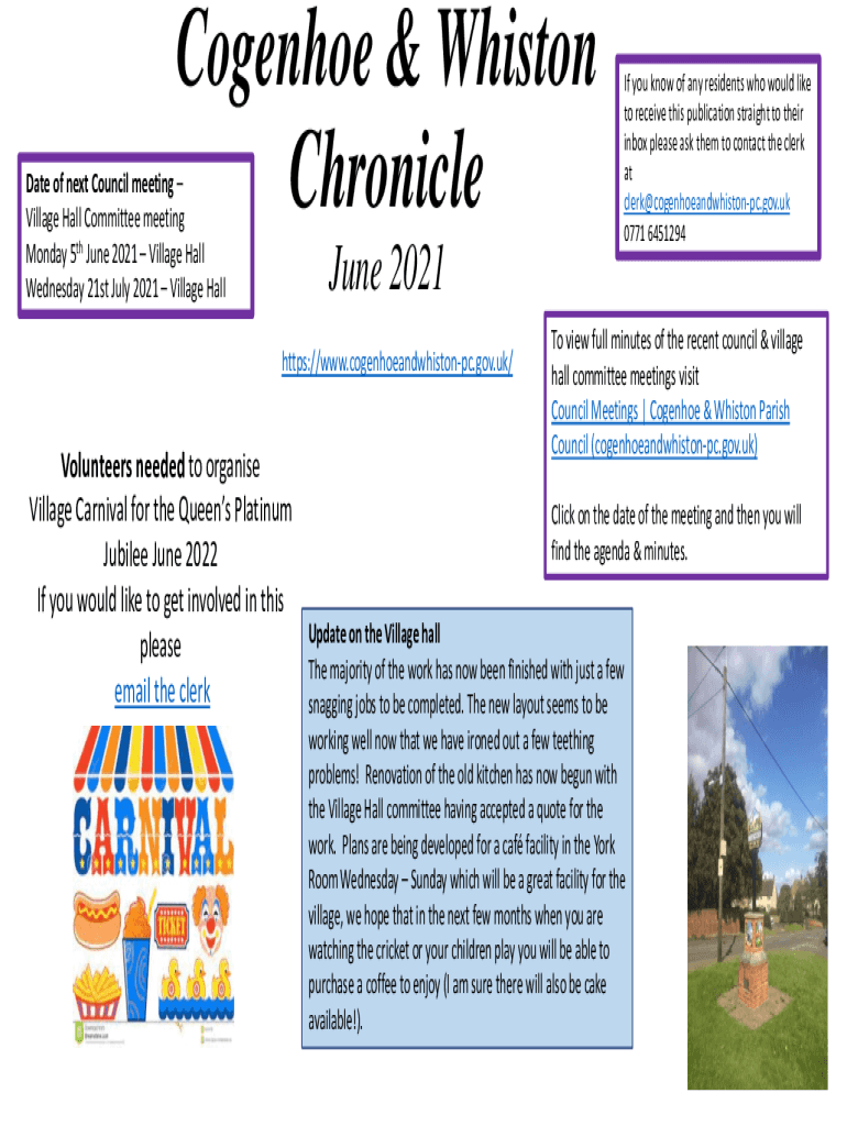 Fillable Online COGENHOE AND WHISTON VILLAGE HALL AND PLAYING FIELDS ...