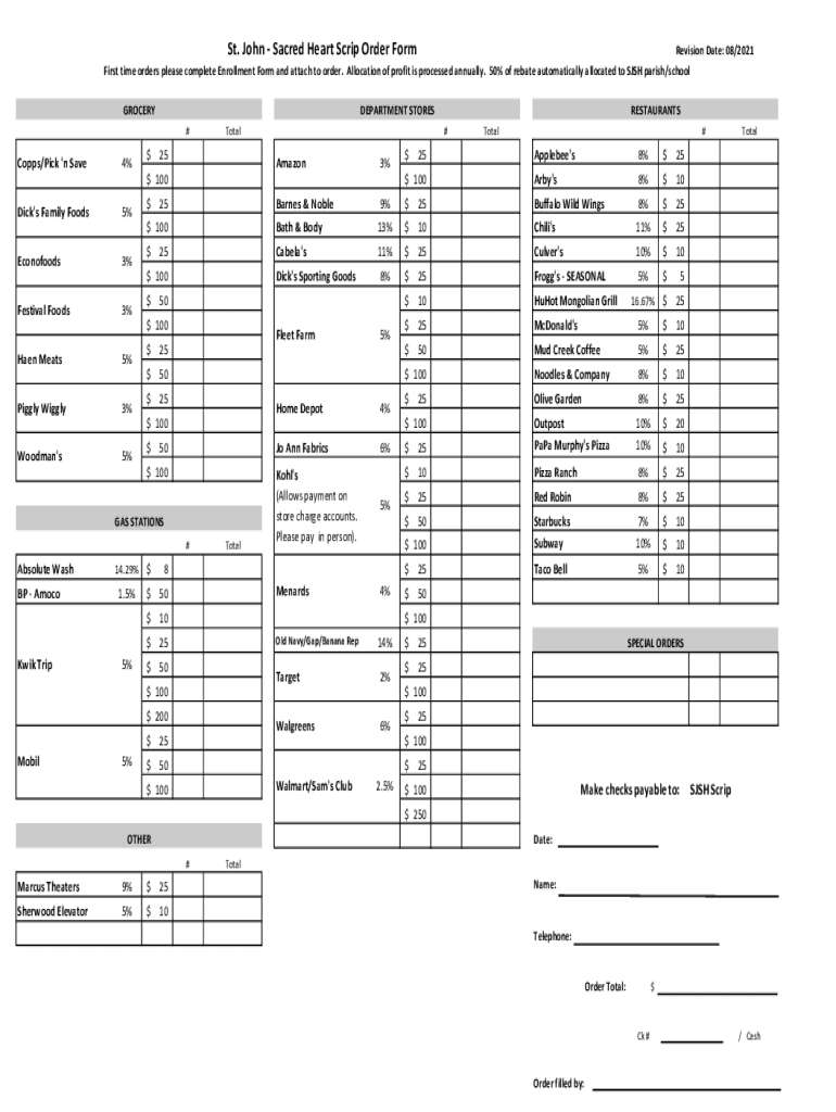 Fillable Online St. John - Sacred Heart Scrip Order Form Fax Email ...