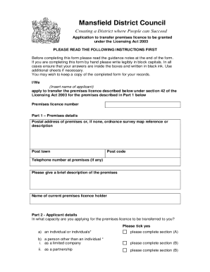 Fillable Online Transfer of Premises Licence Application and Consent ...