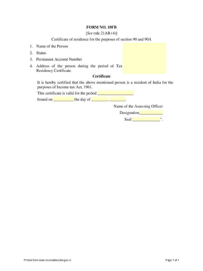 India Residency Certificate Form 10FB - Blank Fillable Template | Fill ...