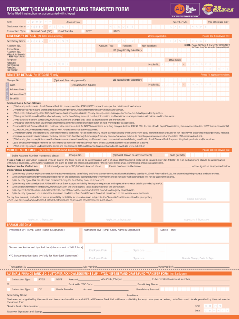 Fillable Online RTGS/NEFT/DEMAND DRAFT/FUNDS TRANSFER FORM 25 Fax Email Print - pdfFiller