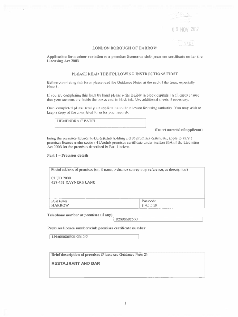 Fillable Online Minor Variation to a Premises Licence/Club Certificate ... Fax Email Print ...