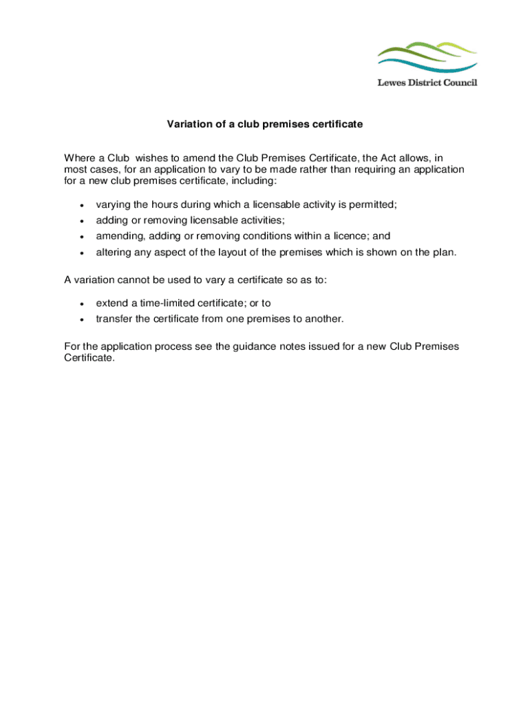 Fillable Online Variation of a club premises certificate Fax Email Print - pdfFiller