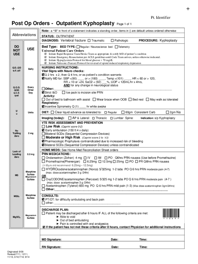 Fillable Online + + - Post Op Orders - Outpatient Kyphoplasty Page 1 of ...