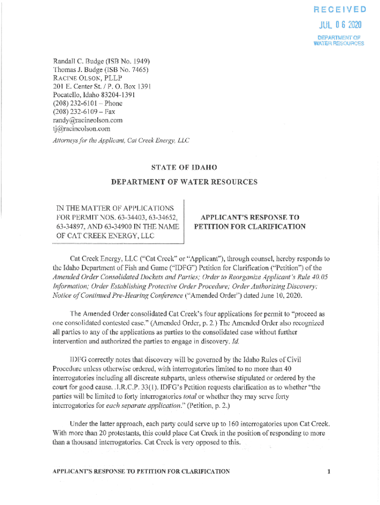 Fillable Online idwr idaho Applicant's Response to Petition for ClarificationCat Creek Energy ...