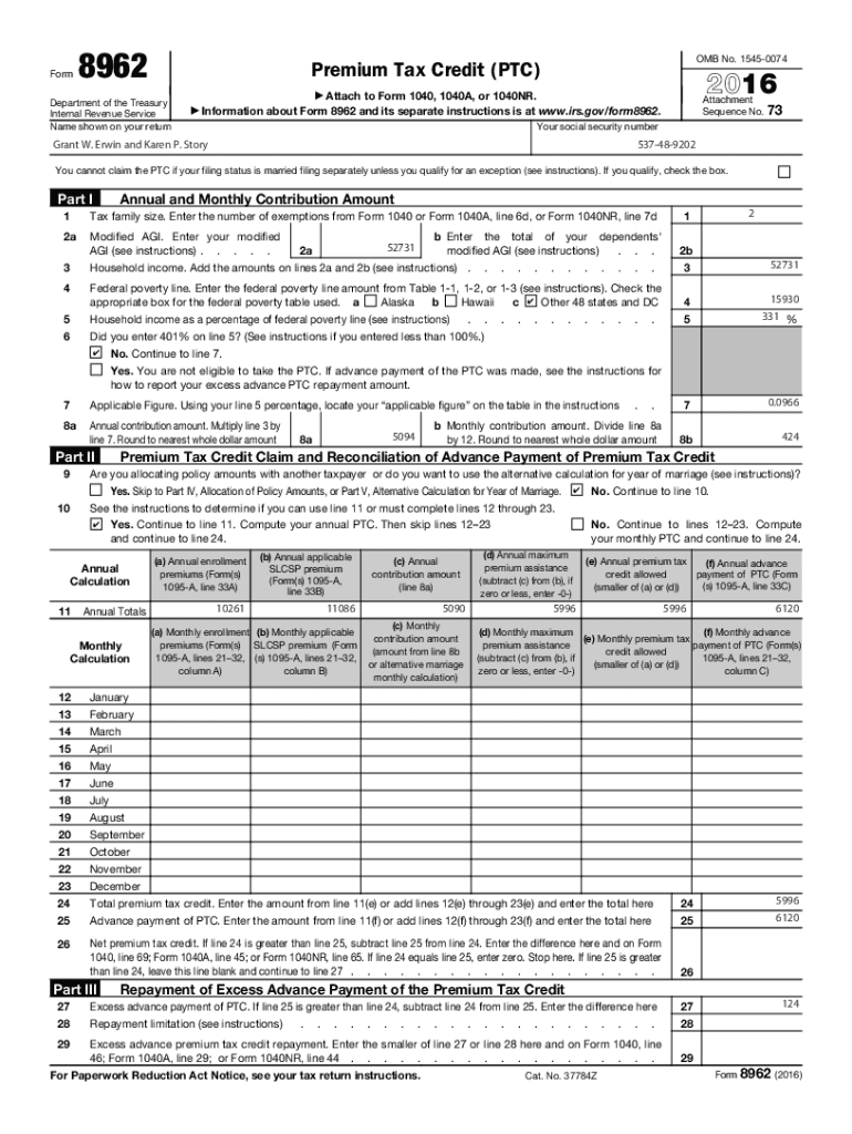 Fillable Online 8962 Premium Tax Credit - Schmitz - Form 8962 OMB No ...