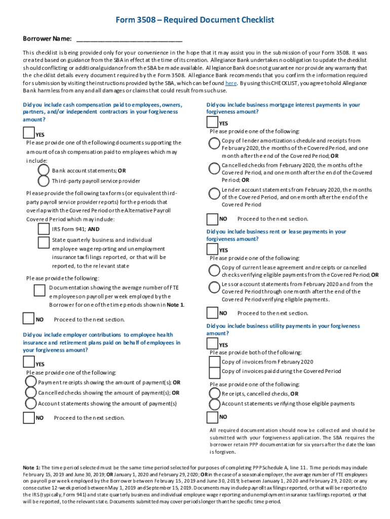 Fillable Online Form 3508 Required Docume nt Checklist - Allegiance ...