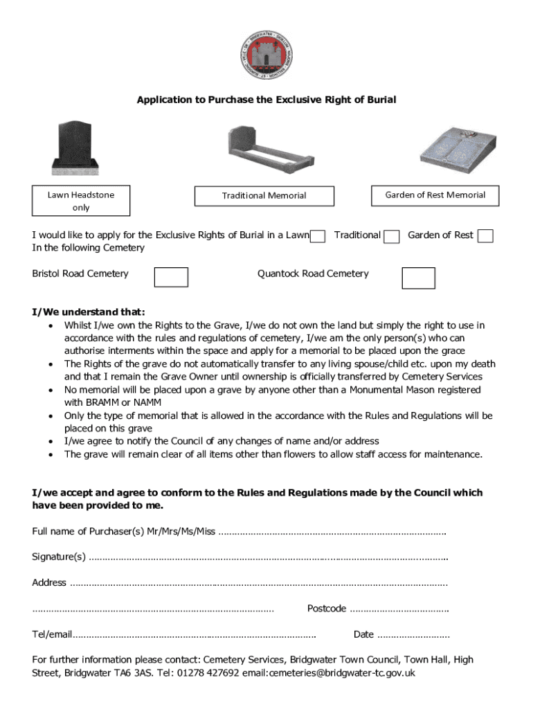 Fillable Online Application to Purchase the Exclusive Right of Burial ...
