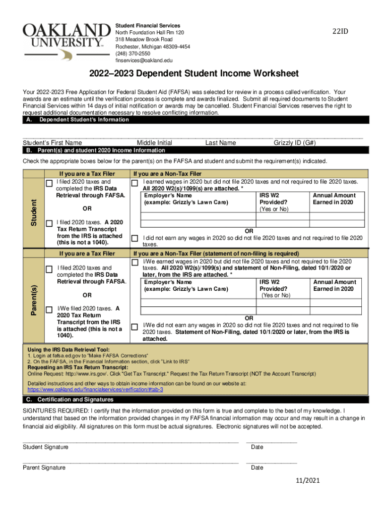 Fillable Online 20222023 Dependent Student Income Worksheet. 20222023 ...