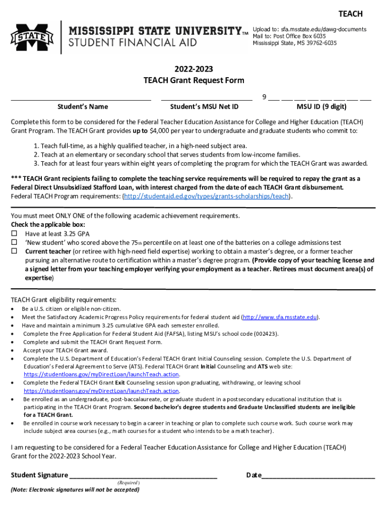 Fillable Online 2020-2021 TEACH Grant Request Form - Student Financial ...