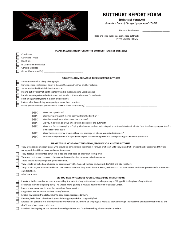 Fillable Online Butthurt Report Form Pdf - sharatag Fax Email Print ...