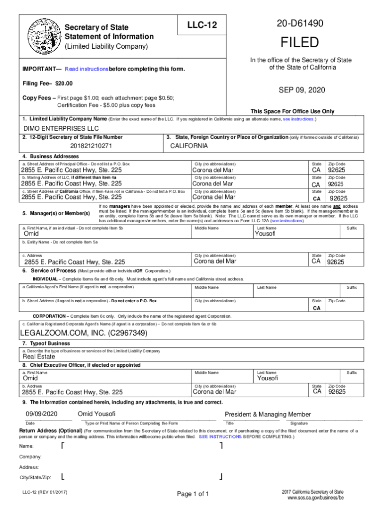 Fillable Online Instructions for Completing Form LLC-12LLC Statement of ...