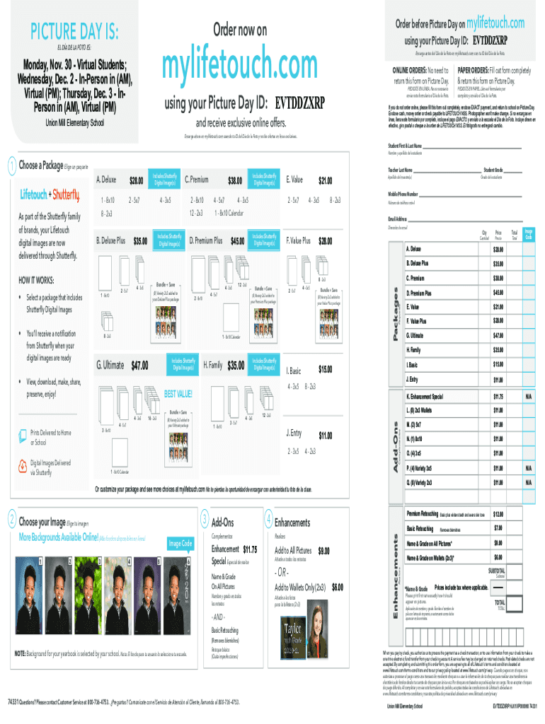 Fillable Online PICTURE DAY IS: Order at mylifetouch Fax Email Print ...