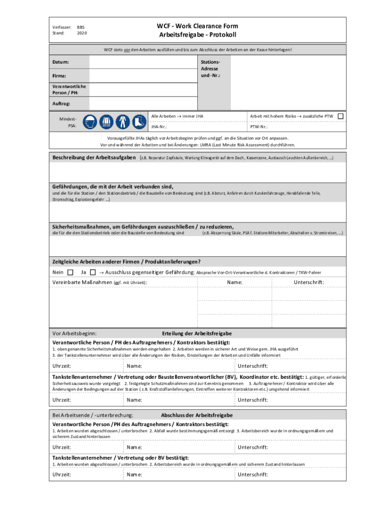 Fillable Online WCF - Work Clearance Form Arbeitsfreigabe - Protokoll ...