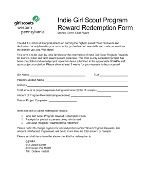Fillable Online Indie Girl Scout Program Reward Redemption Form. This ...