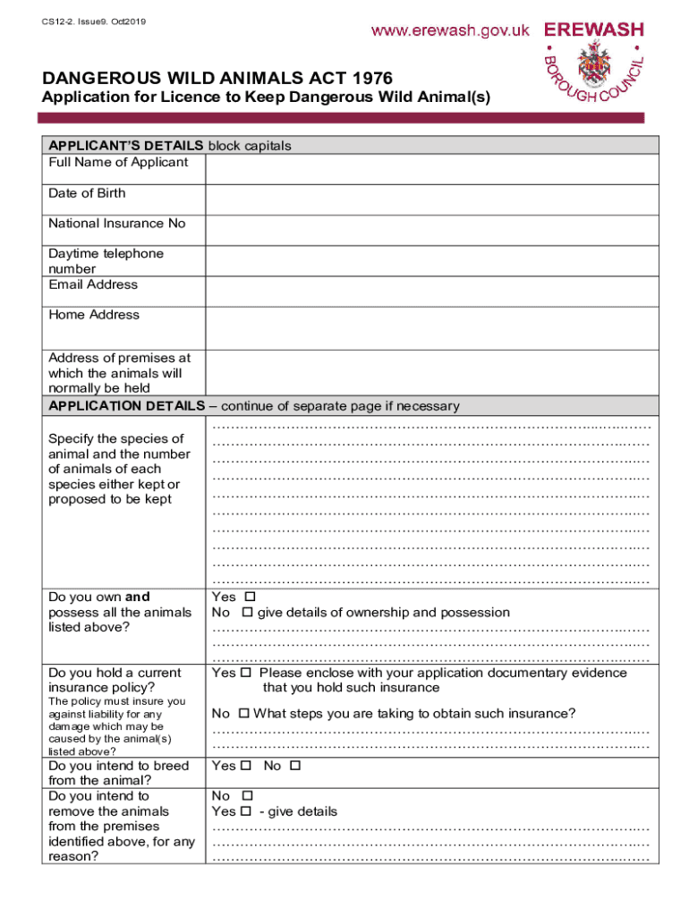 Fillable Online Dangerous Wild Animal application form Fax Email Print - pdfFiller