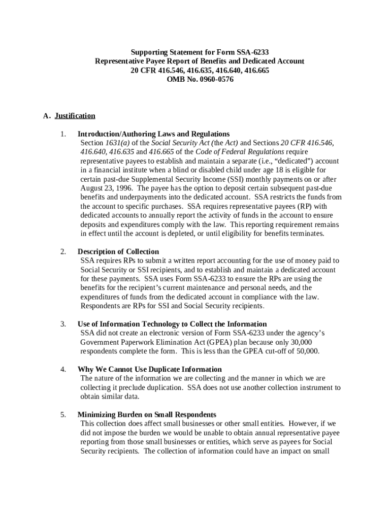 Fillable Online Supporting Statement for Form SSA-6233-BK ...
