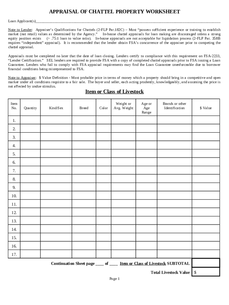 Appraisal of Chattel Property Worksheet - DocsBay Doc Template | pdfFiller