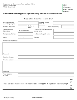 Fillable Online Camelid TB Serology PackageStatutory Sample Submission ...