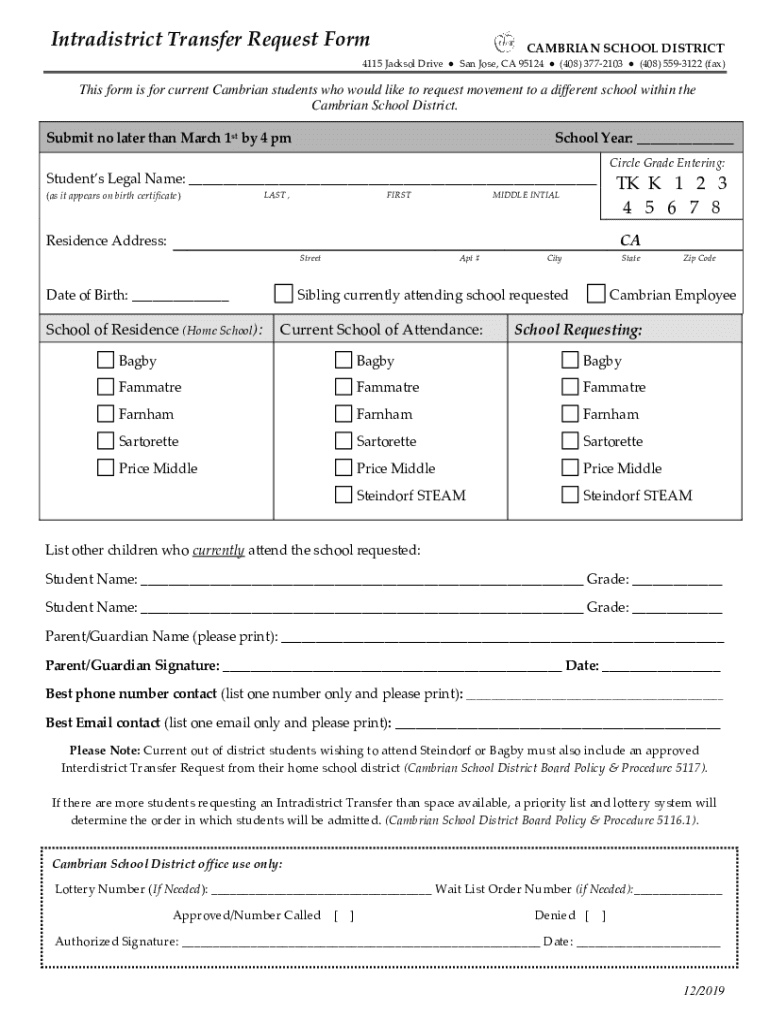 Fillable Online Get the free Intradistrict Transfer Request Form ...