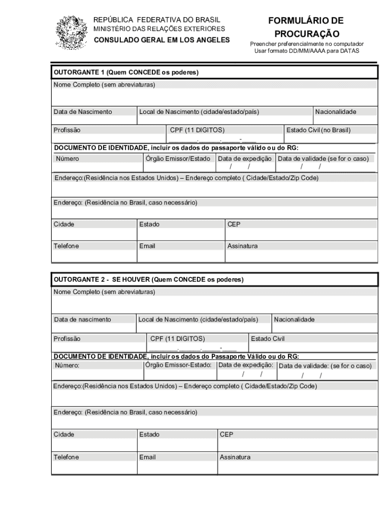 Fillable Online FORMULRIO DE REPBLICA FEDERATIVA DO BRASIL PROCURAO MINISTRIO DAS ... Fax Email ...