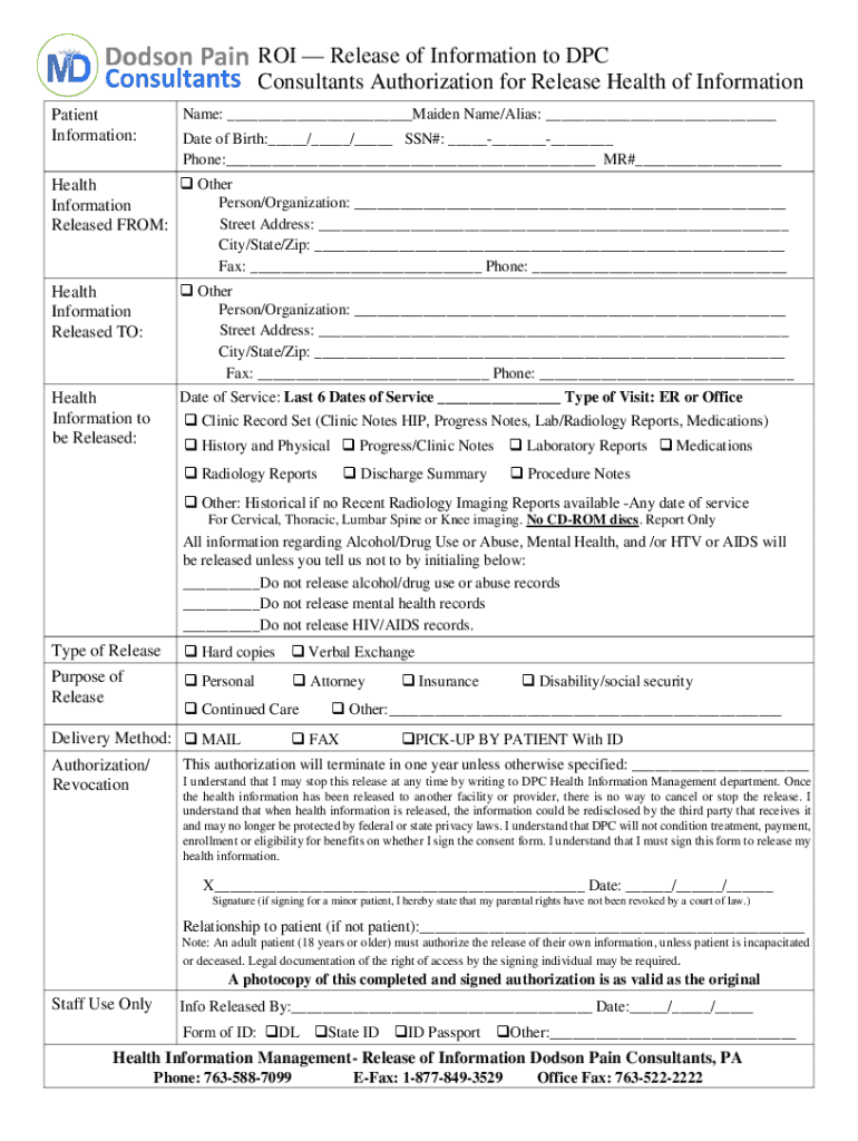 Fillable Online Authorization for Release of Medical Information ROI ...