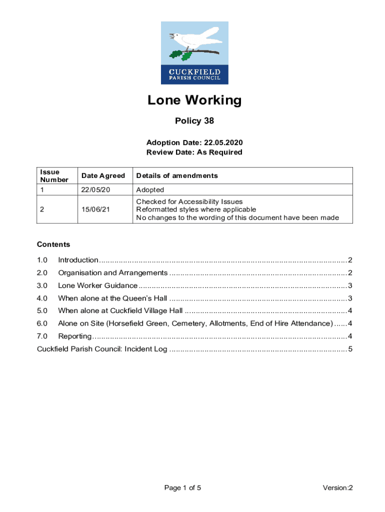 Fillable Online 38 - Lone Working Policy Fax Email Print - pdfFiller