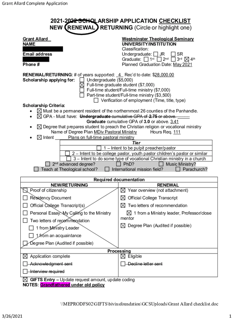 Fillable Online 2021-2022 SCHOLARSHIP APPLICATION CHECKLIST NEW ...