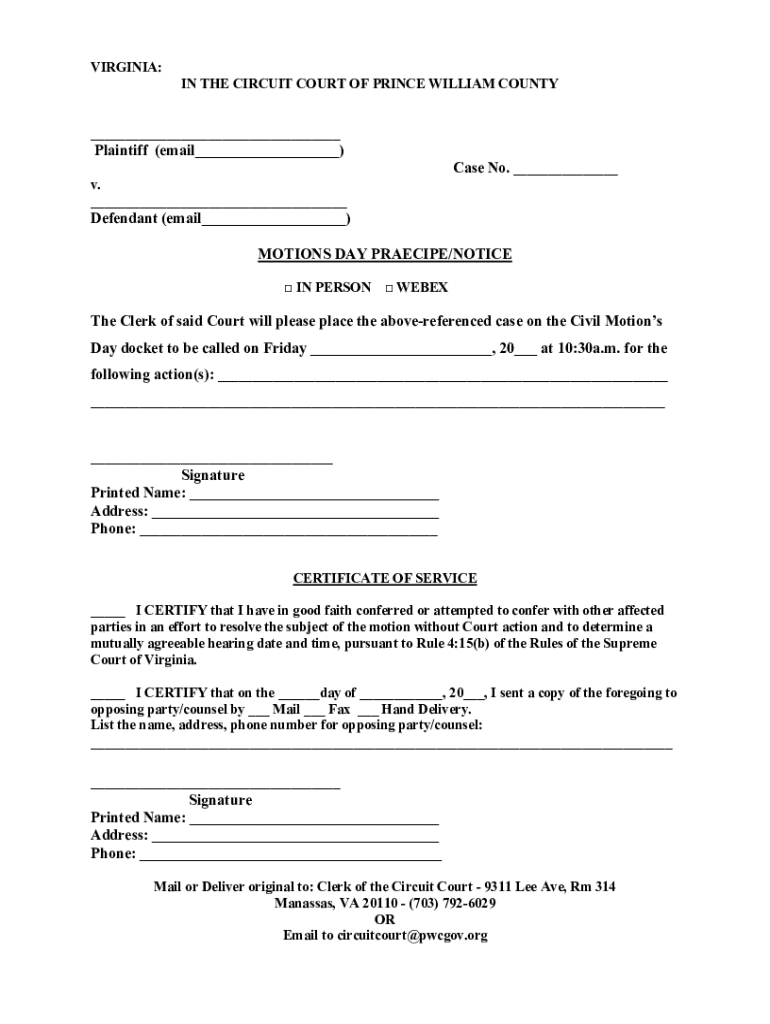 Fillable Online Civil Motions - Circuit Court Clerk's Office - Prince ...